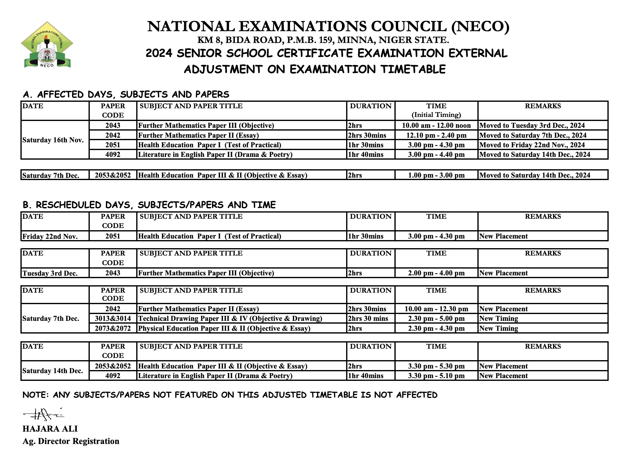 NECO 2024 Timetable: Key Dates and Subjects for Senior Secondary School ...