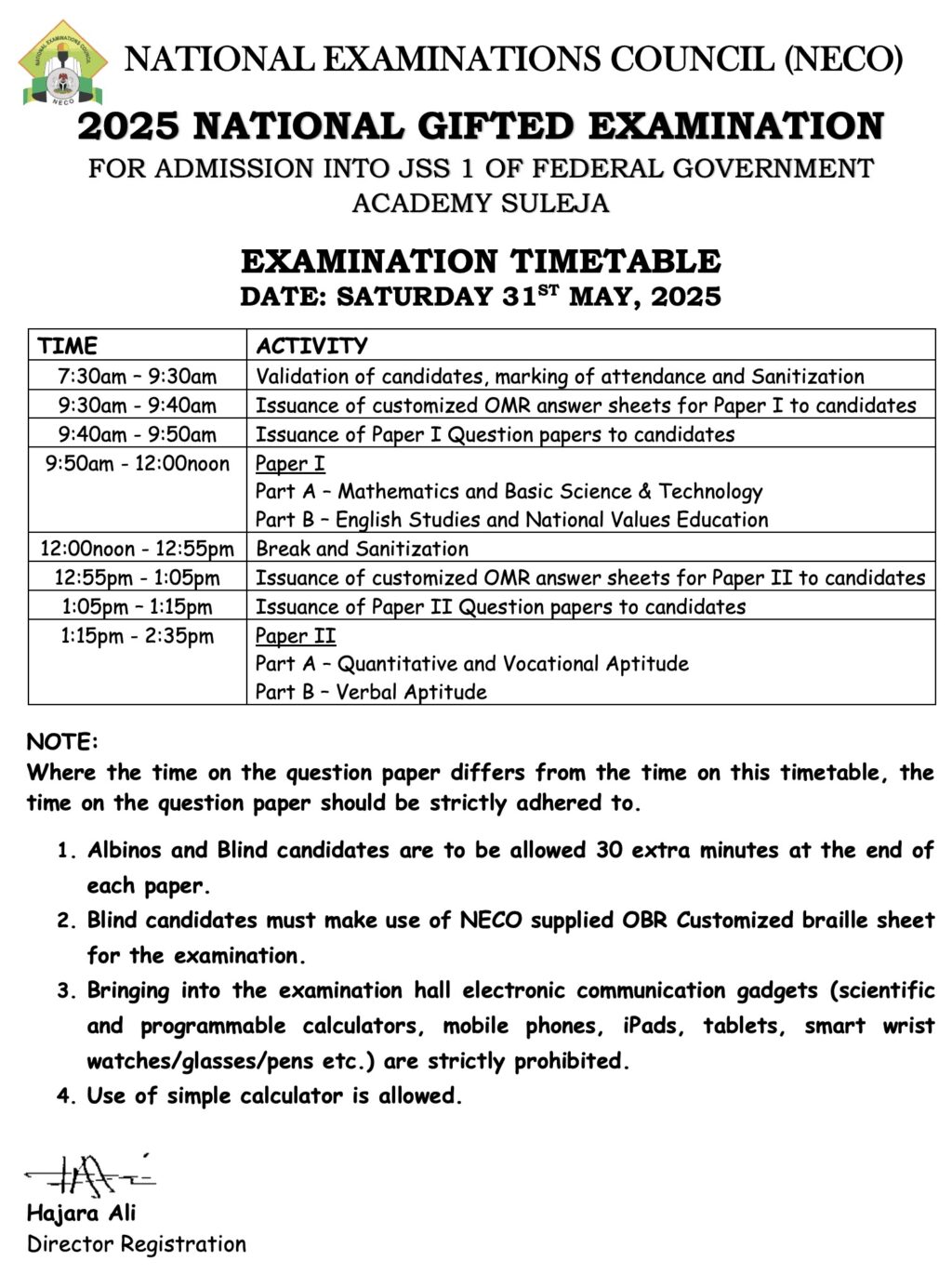 Federal Government Academy Suleja: Gifted Exam for JSS1 Admission Set ...