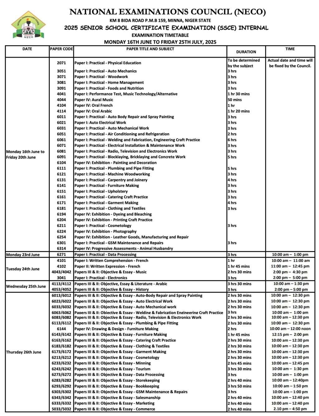 2025 NECO Timetable Released: Full Exam Schedule and Key Dates for SSCE ...