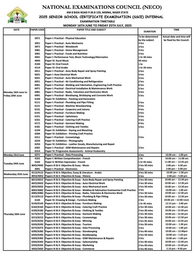 2025 NECO Timetable Released: Full Exam Schedule and Key Dates for SSCE ...