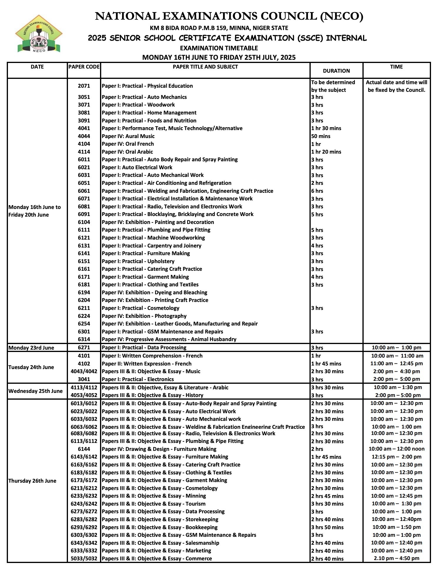 2025 NECO Timetable Released: Full Exam Schedule and Key Dates for SSCE ...