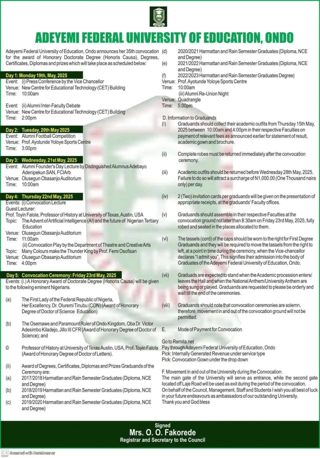 Adeyemi Federal University of Education (AFUED) Announces 35th ...