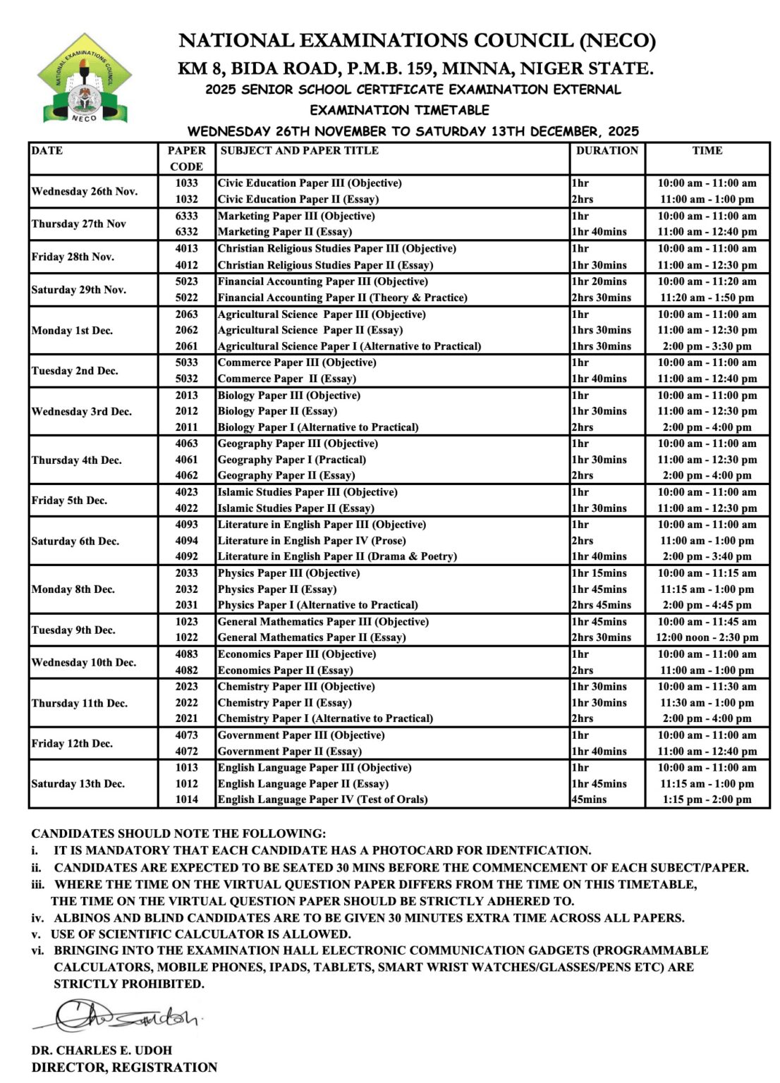 NECO 2025 GCE Timetable Released — See Full Exam Dates, Subjects ...