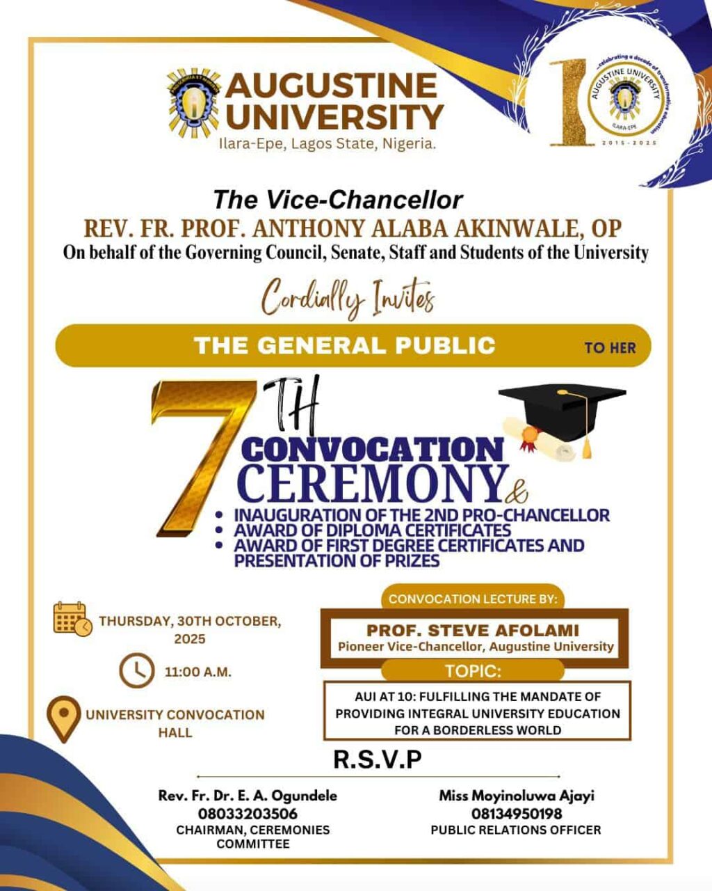 Augustine University Announces 7th Convocation Ceremony for October 30 - Examkits