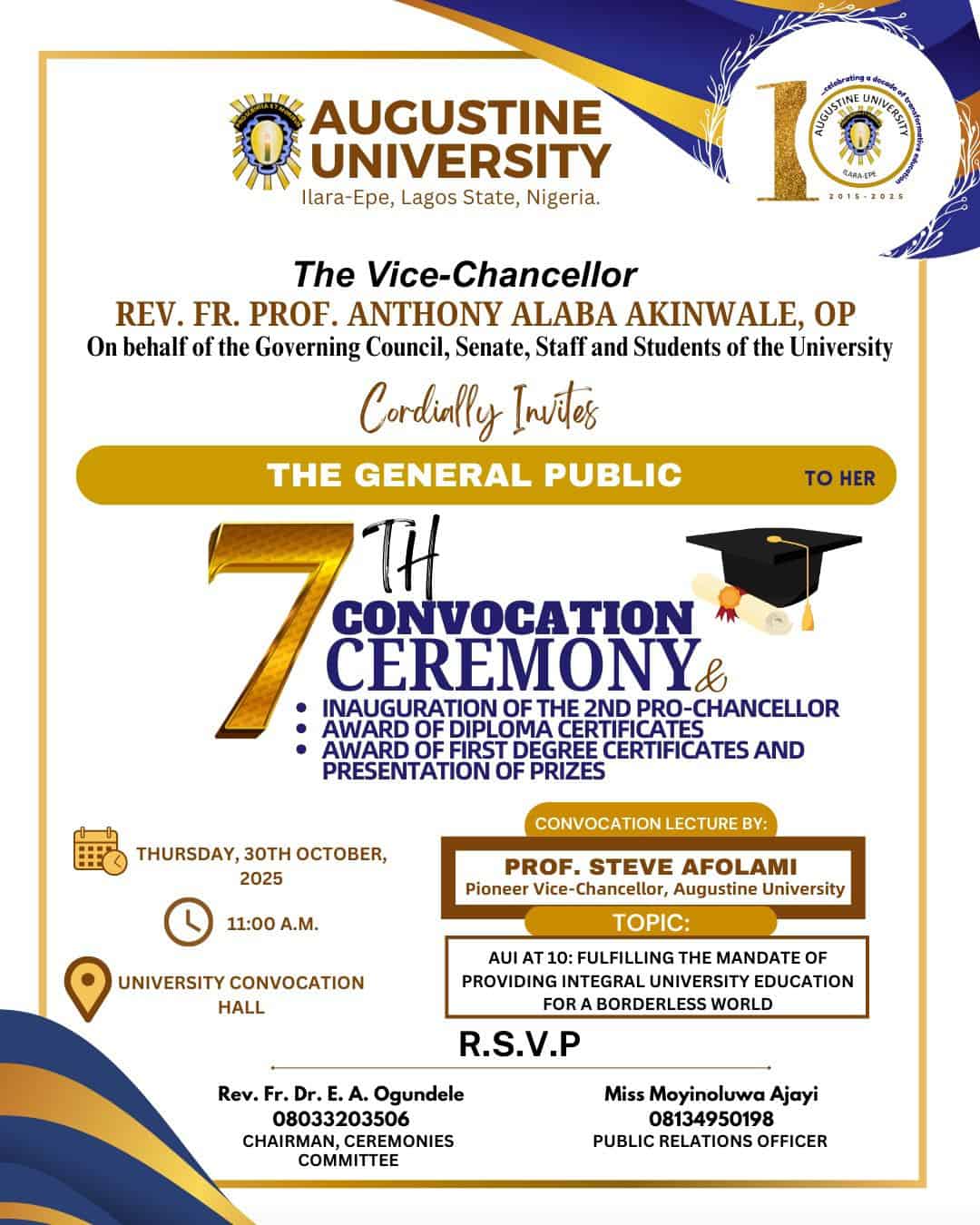 Augustine University Announces 7th Convocation Ceremony for October 30 ...