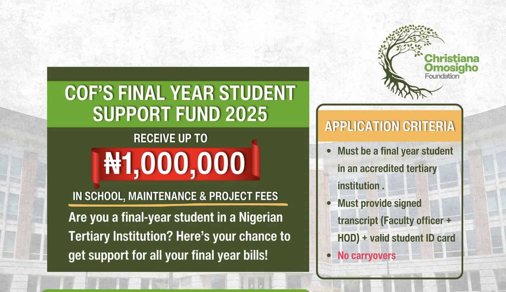 Christiana Omosigho Foundation Launches ₦250,000 Support Fund for Final ...